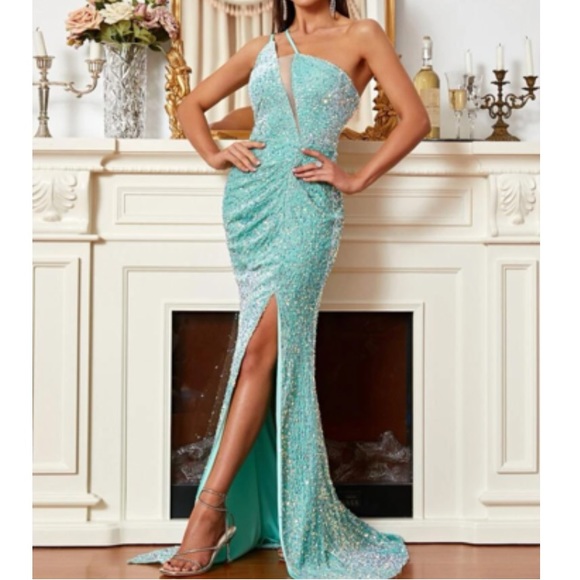Dresses | Luxe Mint Blue One Shoulder Slit Thigh Detail Party Formal ...
